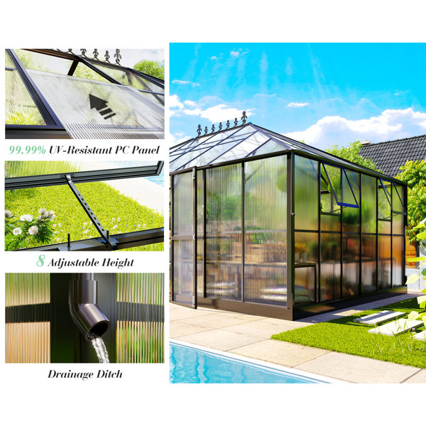 AMERLIFE 9.5 FT Polycarbonate Greenhouse- 6 FT Wall Height Outdoor Aluminum Greenhouses With 2 ...